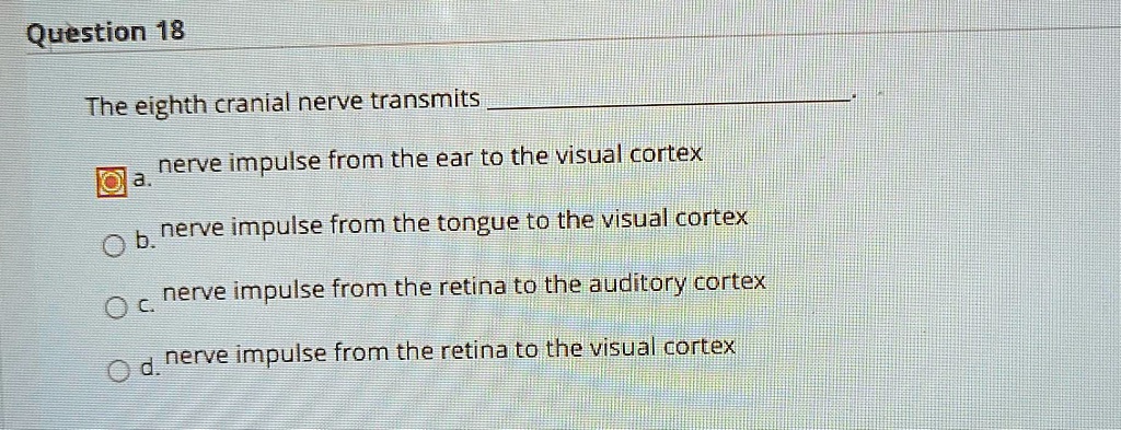 Question 18 The eighth cranial nerve transmits a. nerve impulse from the ear to the visual ...