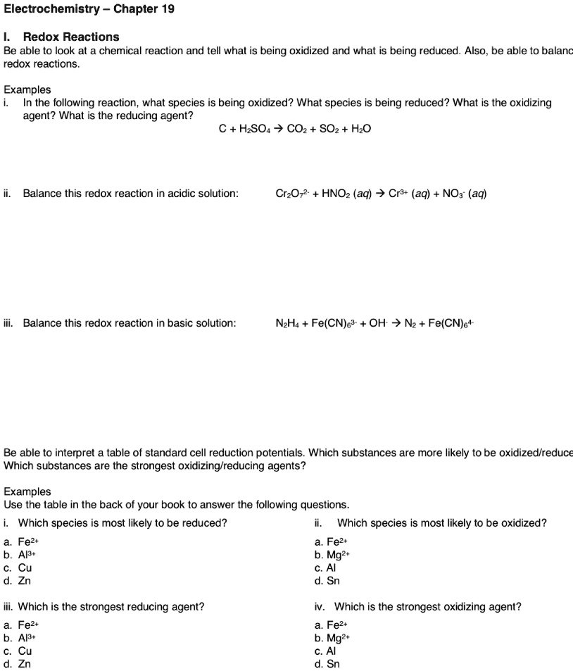 SOLVED:Electrochemistry Chapter 19 Redox Reactions Be able to look at ...