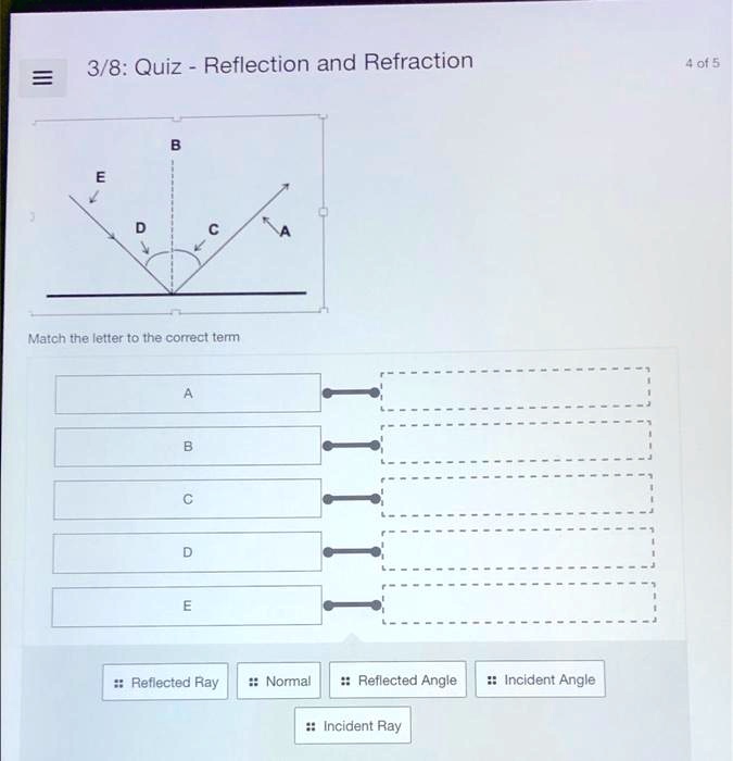 SOLVED: 3/8: Quiz Reflection and Refraction Maich the letter t0 Ihe ...