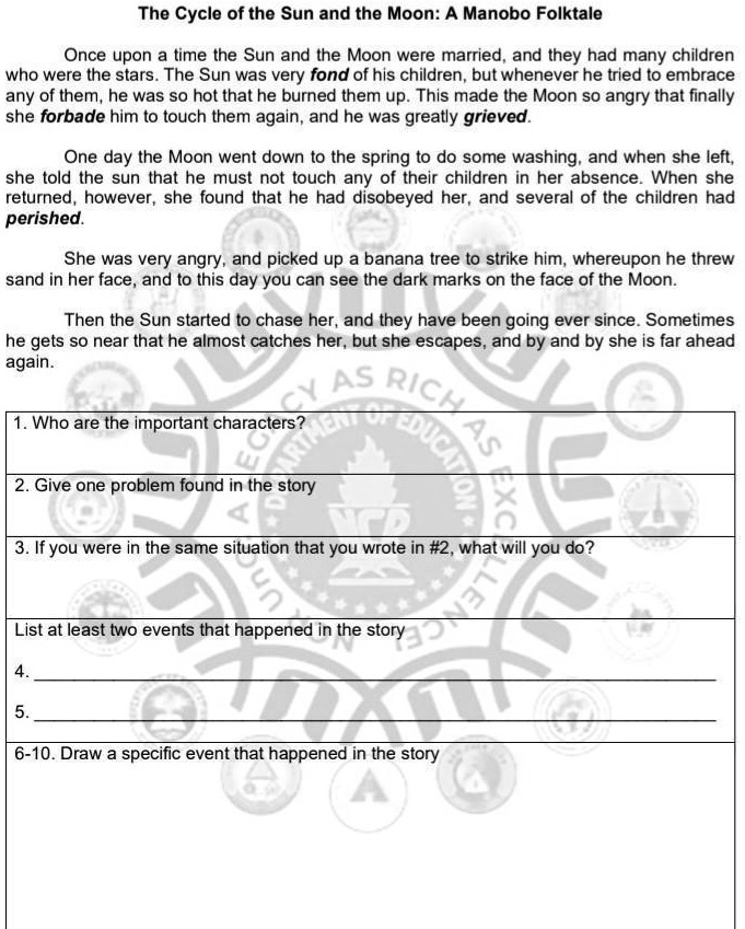 directions read the story below and answer the questions and activities ...