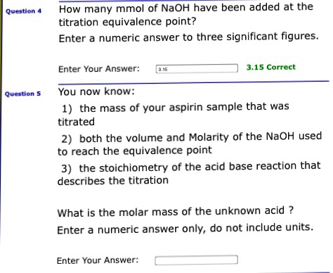 SOLVED: Questien How many mmol of NaOH have been added at the titration equivalence point? Enter ...