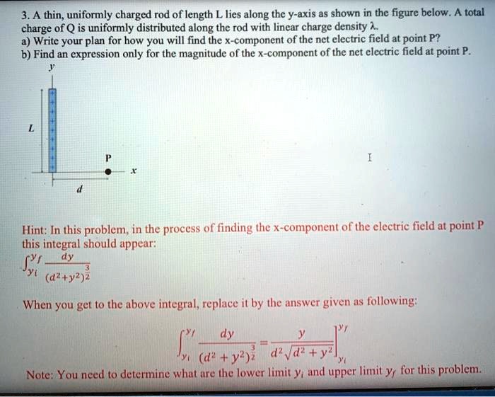 3a thin uniformly charged rod of length l lies along the y axis as ...