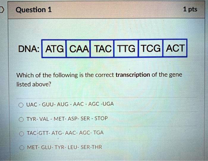 question 1 1pts dna atg caa taci ttg tcg act which of the following is ...