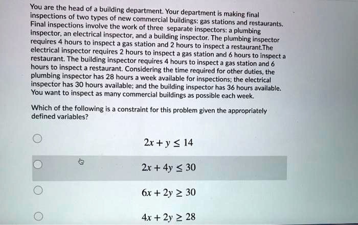 SOLVED: You are the head of a building department: Your inspections of ...