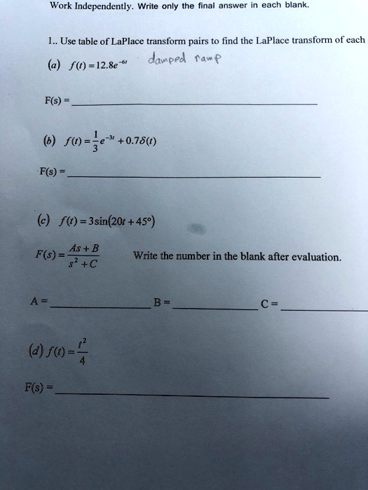 Work Independently. Write only the final answer in each blank. 1.. Use ...