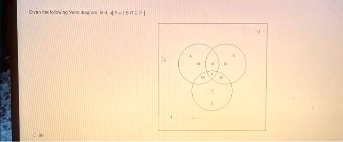 SOLVED: Given the following Venn diagram, find n[A ∪ B ∩ C]. 98.0