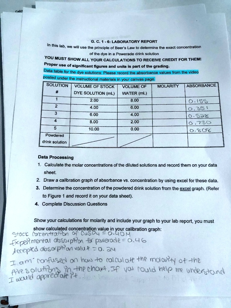 c1 6 laboratory report in this lab we will use the principle of beers ...
