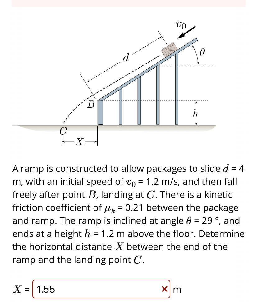 A ramp is constructed to allow packages to slide d=4 m, with an initial ...