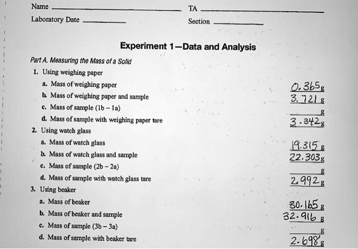 SOLVED: Name Laboratory Date Section Experiment 1 Data and Analysis ...