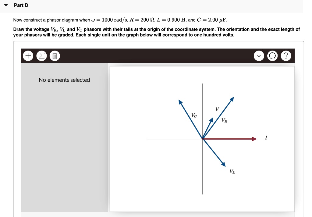 Part D Now construct a phasor diagram when ω = 1000 rad/s, R...