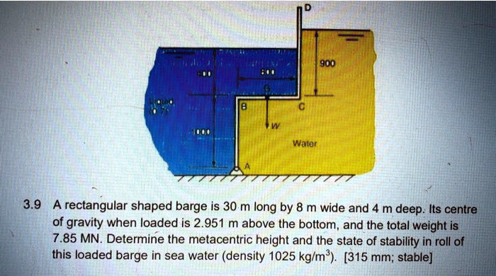 3.9 A rectangular shaped barge is 30 m long by 8 m wide and 4 m deep ...