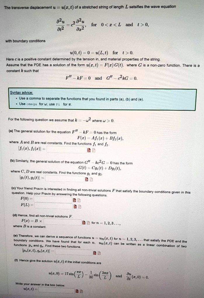 texts the transverse displacement u ut of a stretched string of length i satisfies the wave ...