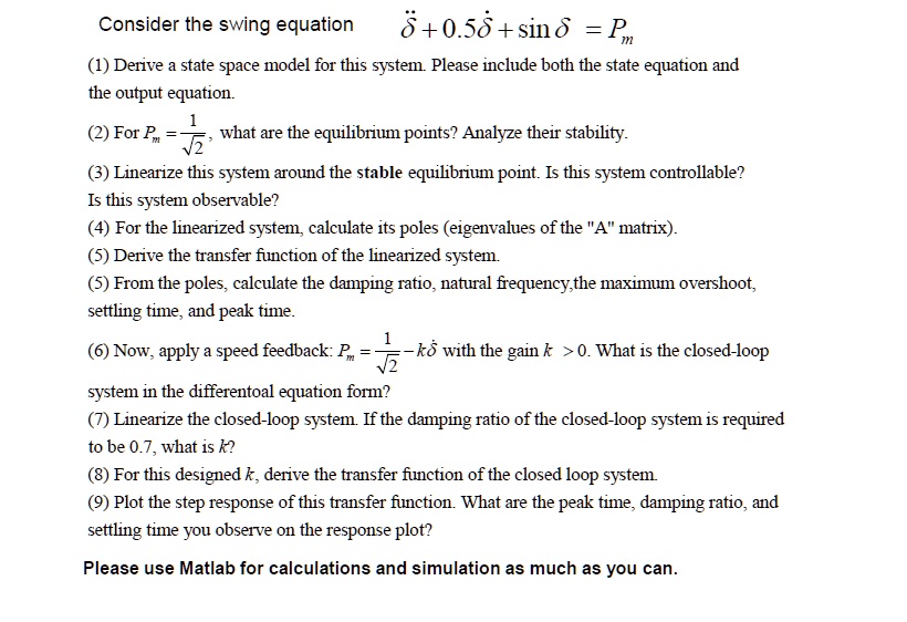 consider the swing equation 6058sin 6 pn 1 derive state space model for ...