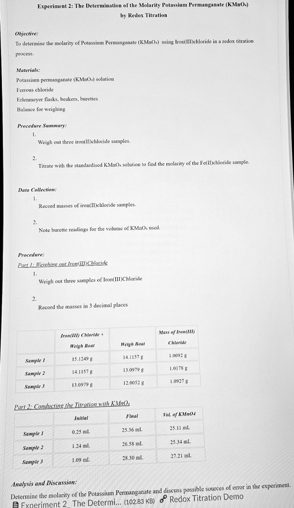 Objective: Experiment 2: The Determination of the Molarity Potassium ...