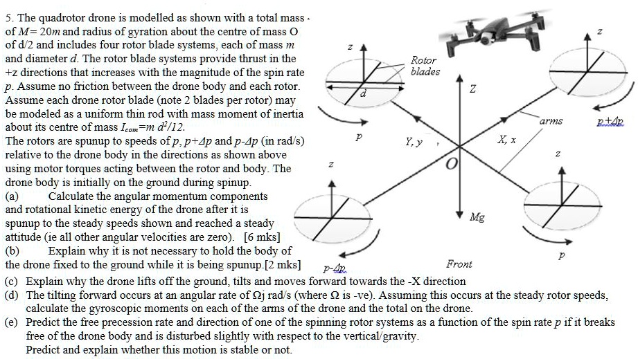 SOLVED: 5. The quadrotor drone is modeled as shown with a total mass of ...