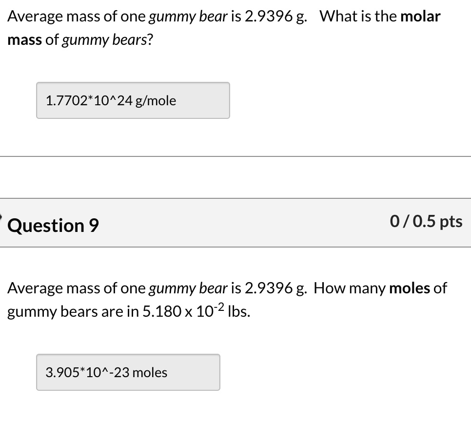 average mass of one gummy bear is 29396 g what is the molar mass of ...