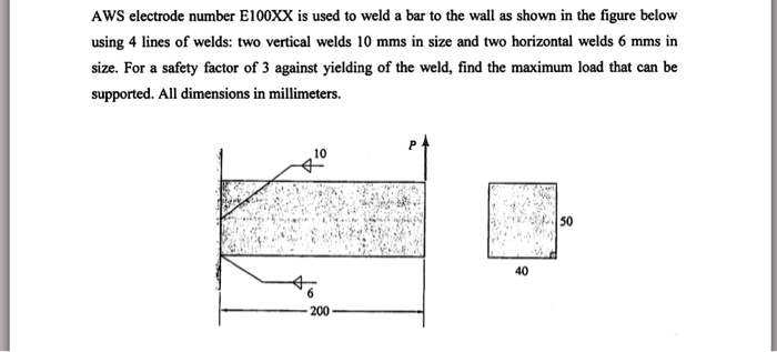 AWS electrode number E100XX is used to weld a bar to the wall as shown ...