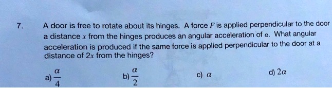 SOLVED: 7. A door is free to rotate about its hinges. A force F is ...