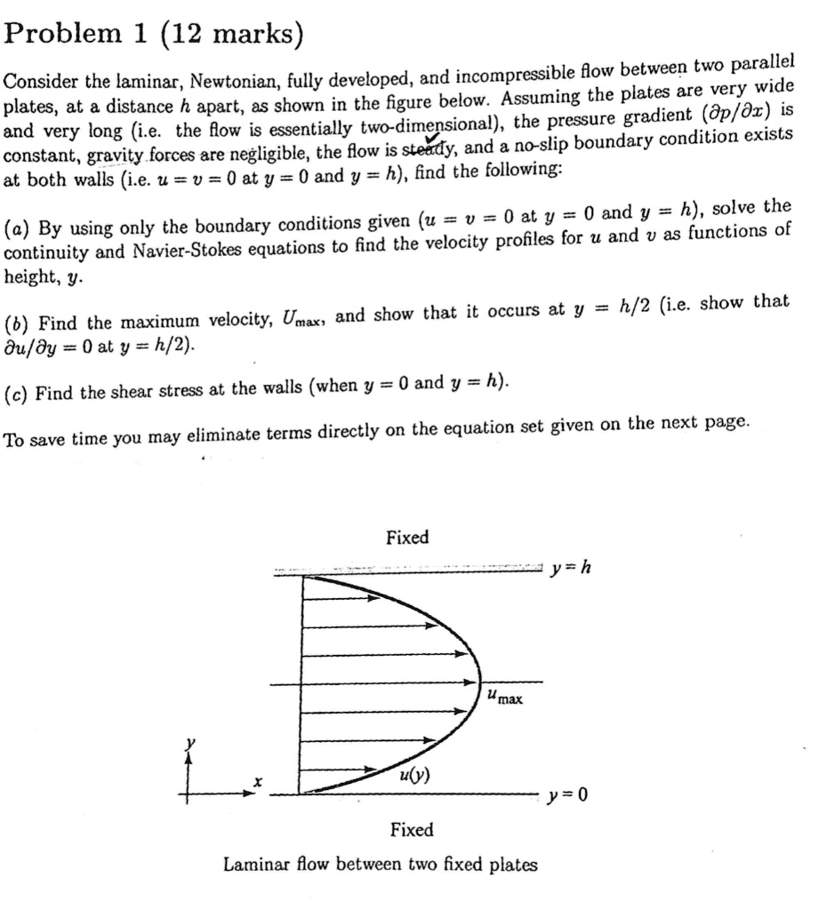 SOLVED: Problem 1 (12 marks) At both walls (i.e. u = v = 0 at y = 0 and ...
