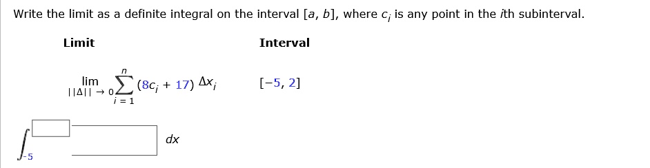 SOLVED: Write the limit as definite integral on the interval [a, b], where Cj is any point in ...