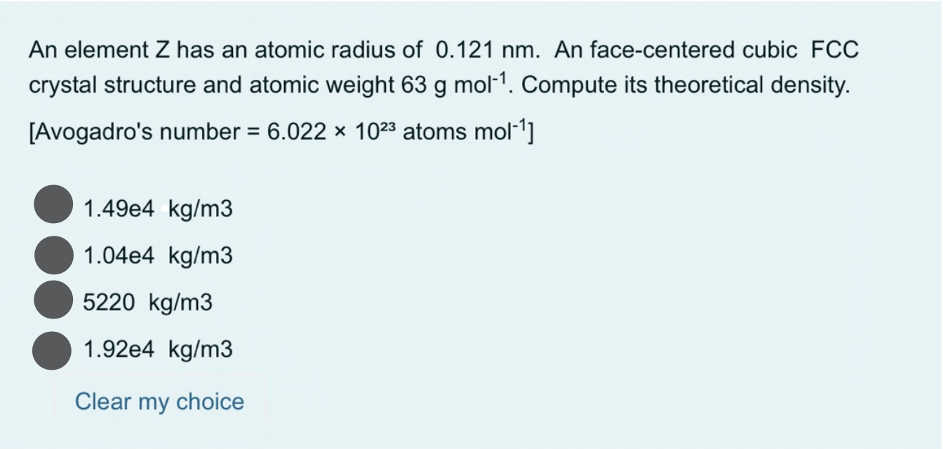 SOLVED: An element Z has an atomic radius of 0.121 nm. An face-centered ...