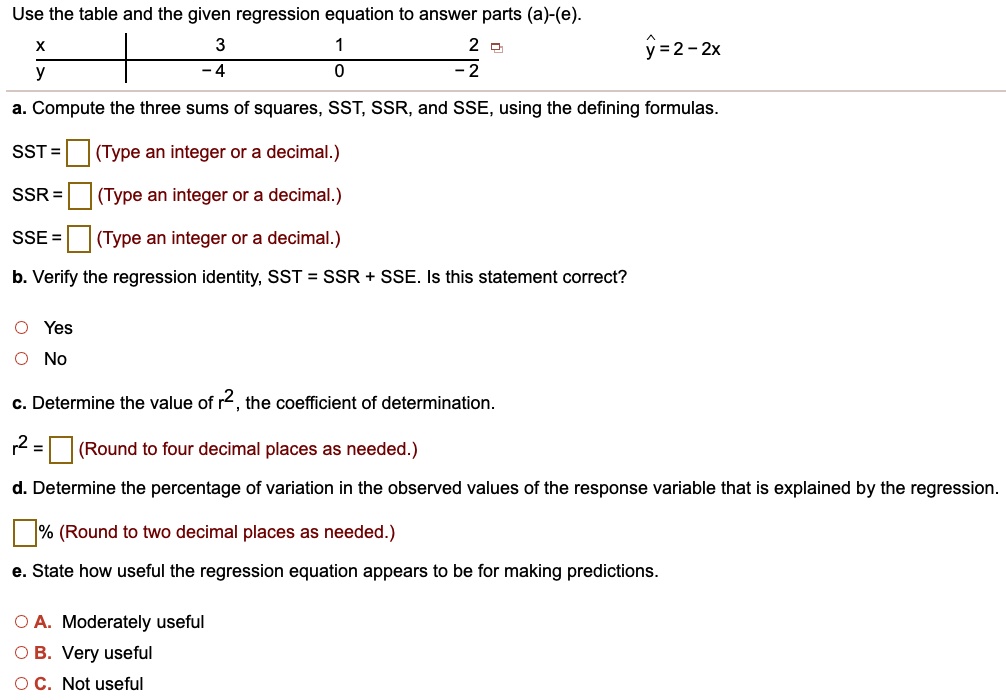 SOLVED: Use the table and the given regression equation to answer parts ...