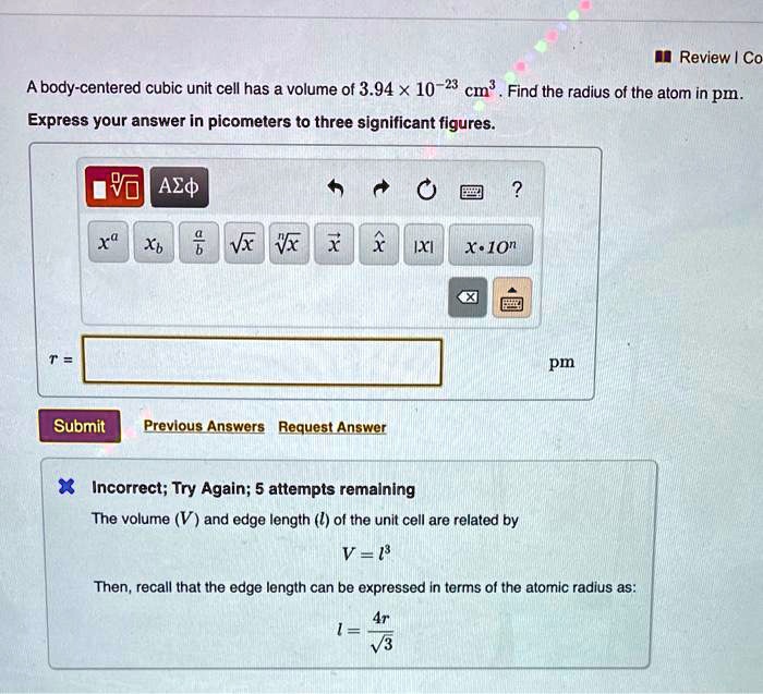 review co a body centered cubic unit cell has volume of 394 x 10 cm ...