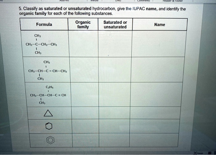 SOLVED: Classify as saturated or unsaturated hydrocarbon, give the IUPAC name, and identify the ...