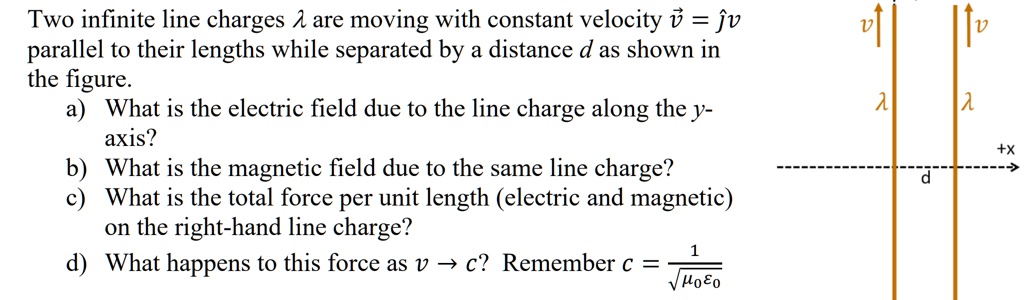 SOLVED: Two infinite line charges A are moving with constant velocity = Ju parallel to their ...
