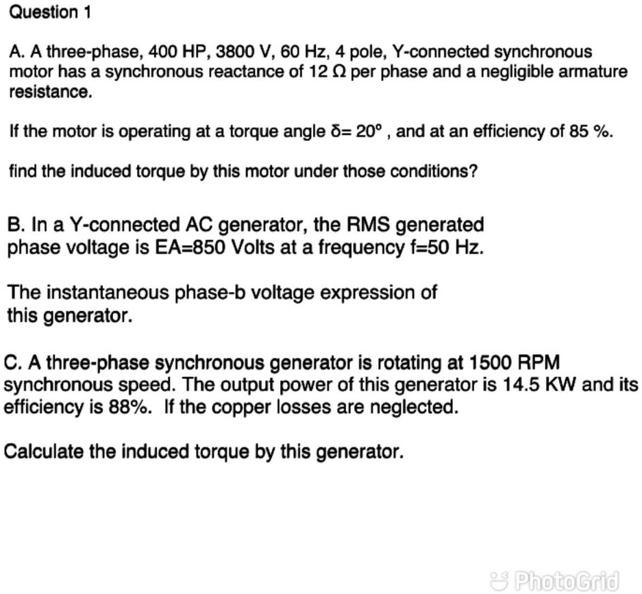 SOLVED: A three-phase, 400 HP, 3800 V, 60 Hz, 4 pole, Y-connected synchronous motor has a ...