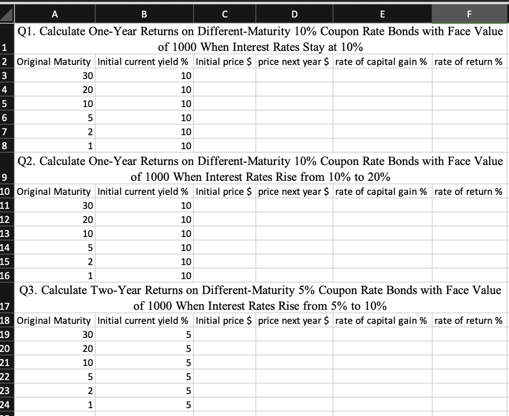 q1 calculate one year returns on different maturity 10 coupon rate ...