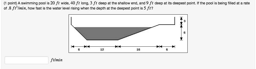 SOLVED: point) A swimming pool is 20 ft wide, 40 ft long, 3 ft deep at ...