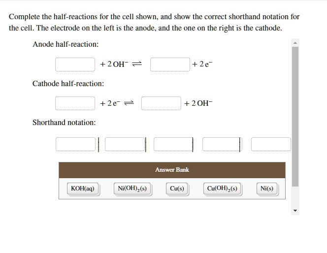 Complete the half-reactions for the cell shown, and show the correct shorthand notation for the ...