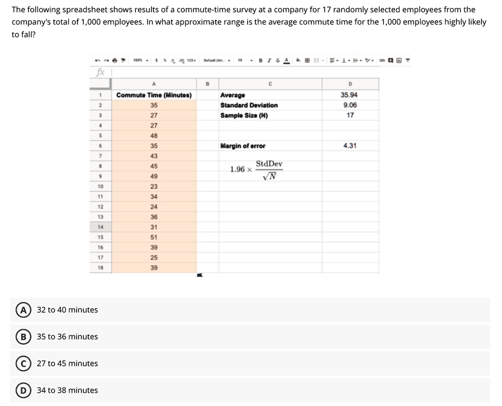 The following spreadsheet shows results of a commute-time survey at a ...