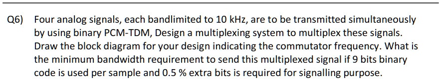 SOLVED: Four analog signals, each bandlimited to 10 kHz, are to be transmitted simultaneously by ...