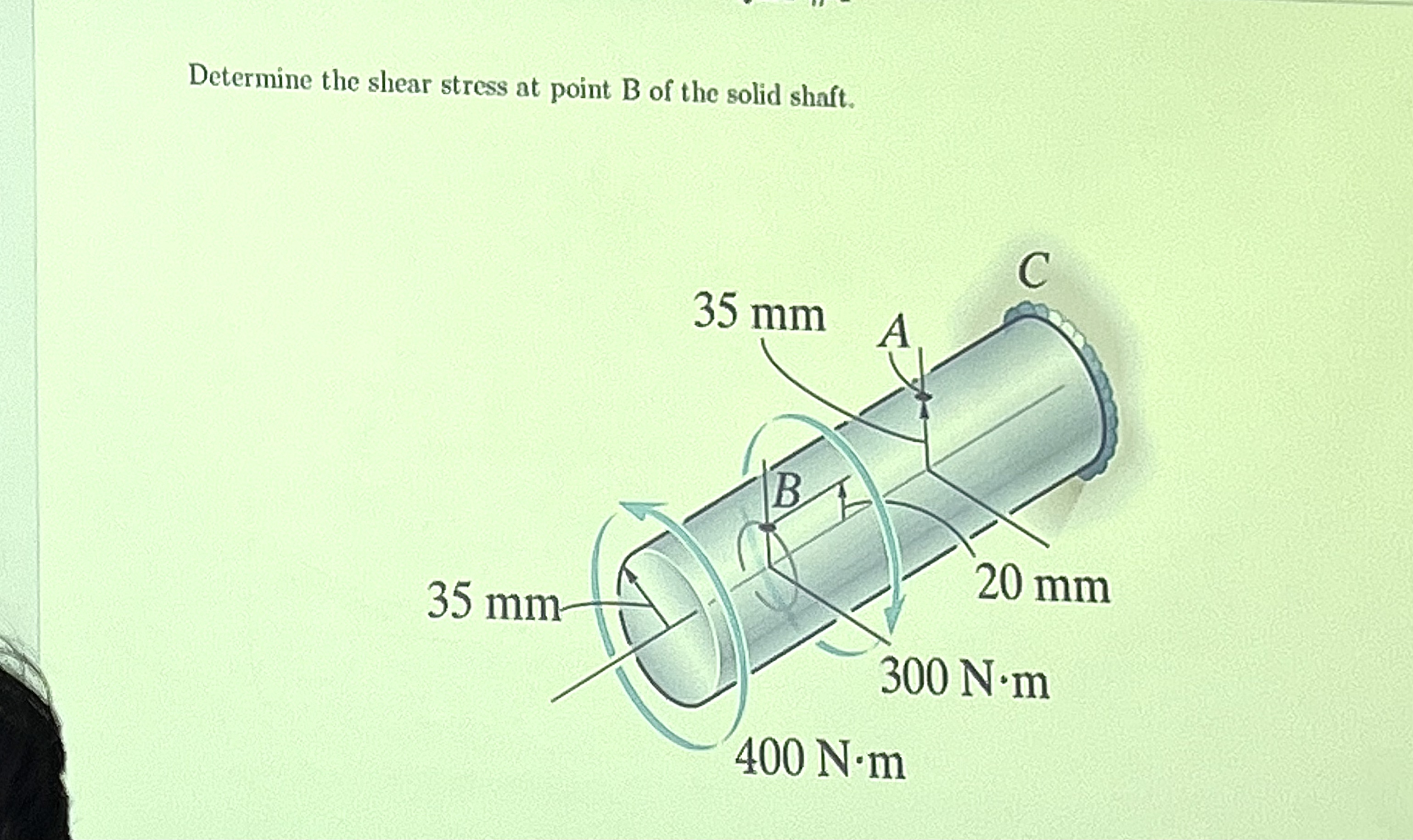 Determine the shear stress at point B of the solid shaft.