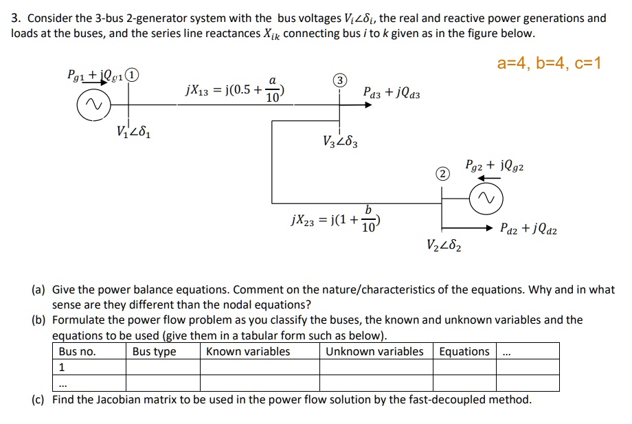 SOLVED: Consider the 3-bus 2-generator system with the bus voltages V1, V2, and V3, the real and ...