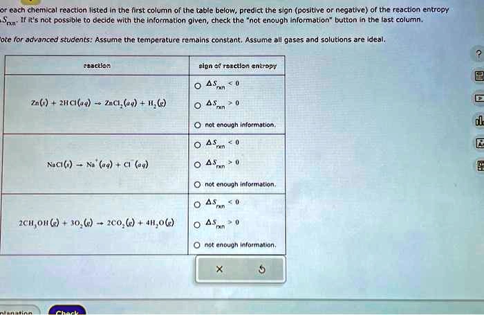 SOLVED: r each chemical reaction listed in the first column of the table belowpredict the sign ...