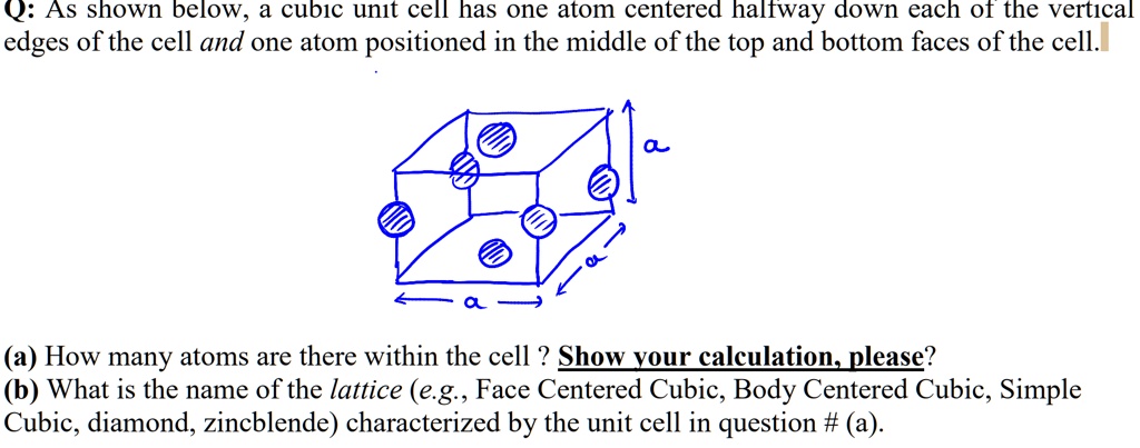 Q: As shown below, a cubic unit cell has one atom centered halfway down ...