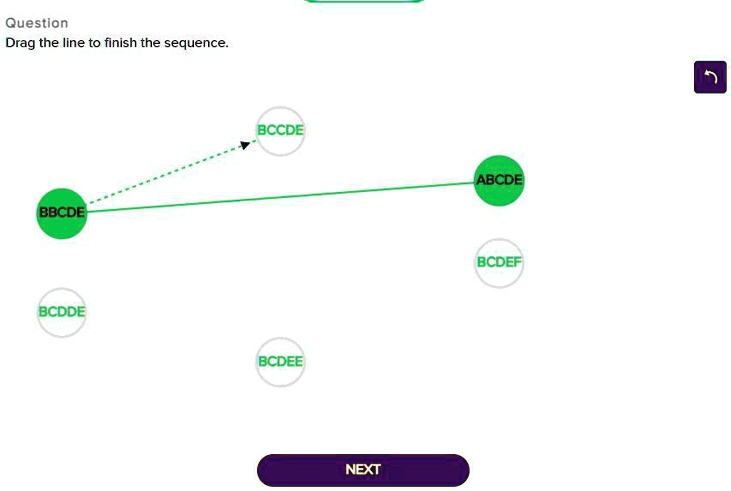 question drag the iine to finish the sequence bccde abcde bbcde bcdef ...