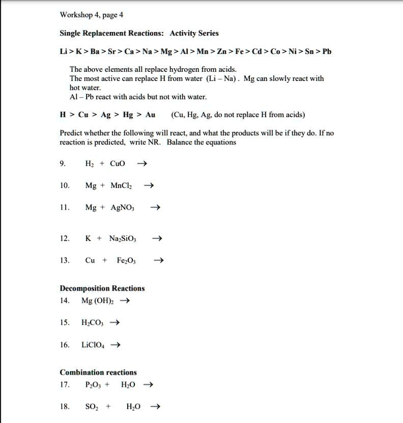 workshop 4 page 4 single replacement reactions activity series li k ba ...