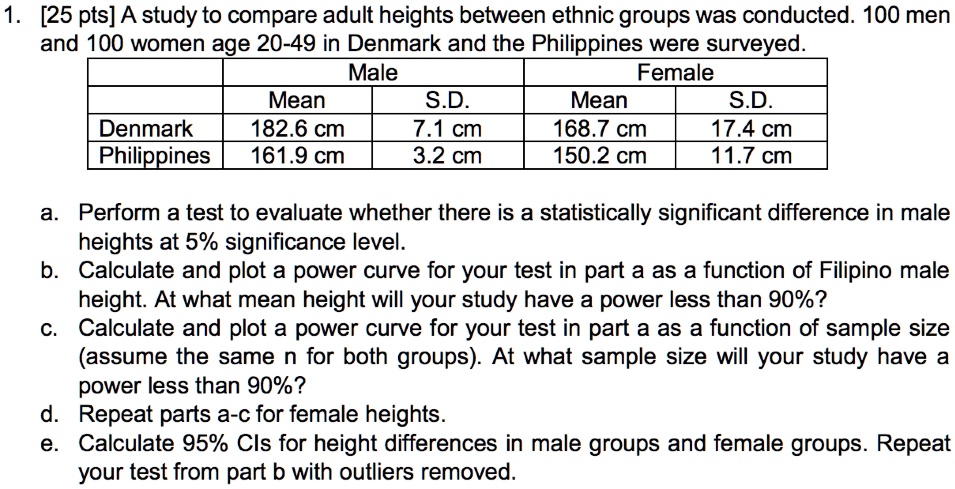 1 25 pts a study to compare adult heights between ethnic groups was ...