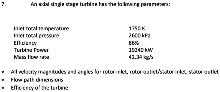 SOLVED: An axial single stage turbine has the following parameters: All ...