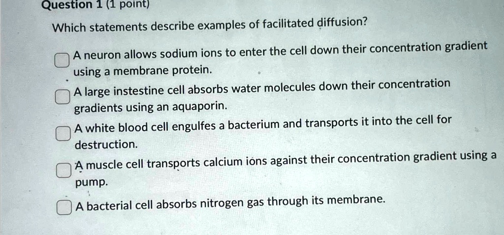 Question 1 (1 point) Which statements describe examples of facilitated ...