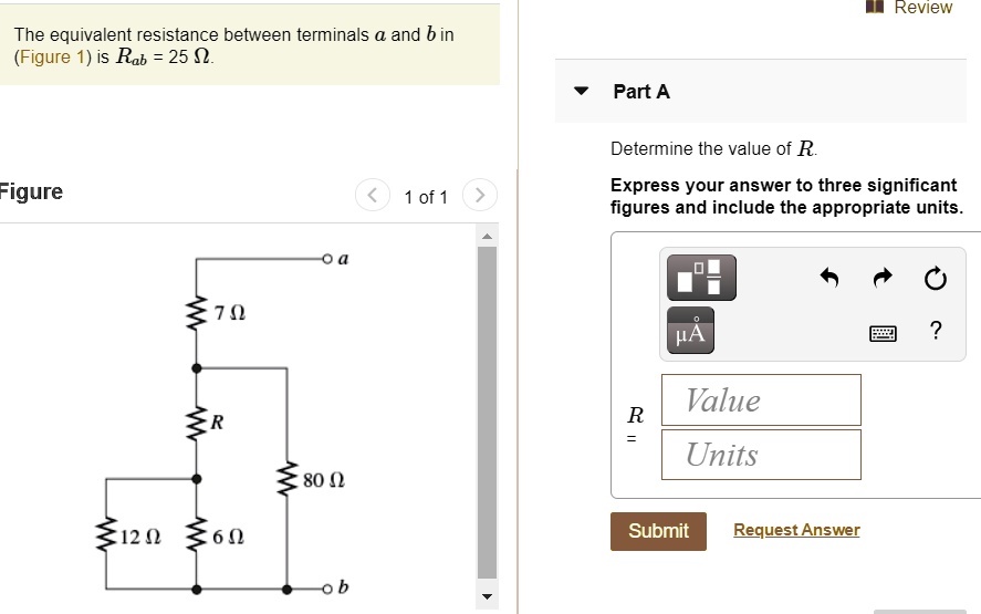 The equivalent resistance between terminals a and b in (Figure 1) is Rab = 25 Ω. Determine the ...