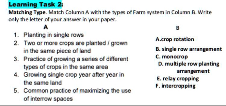 Learning Task 2: Matching Type. Match Column A with the types of Farm ...