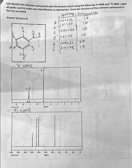 uidentify the unknown compound with the formula caho using the follawing h nmr and c nmr label ...