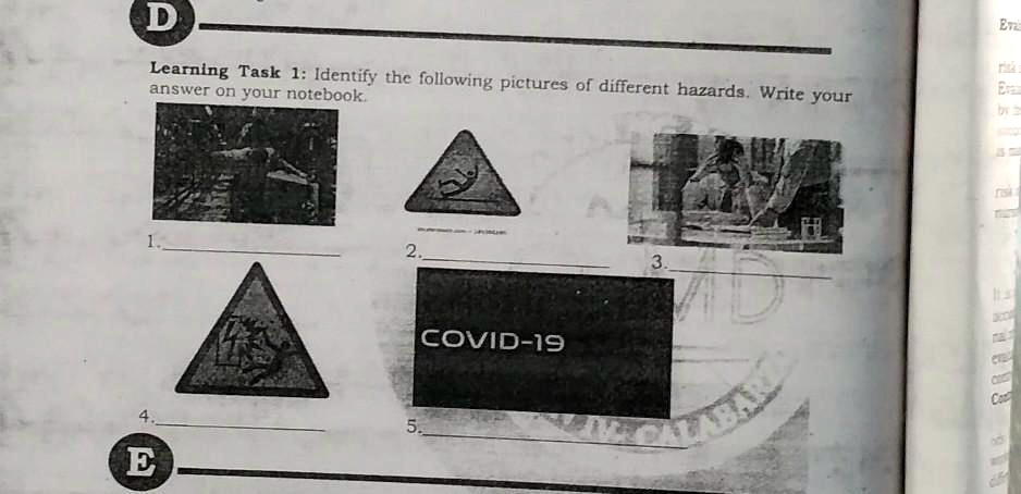 learning task 1 identify the following pictures of different hazards write your answer on your ...