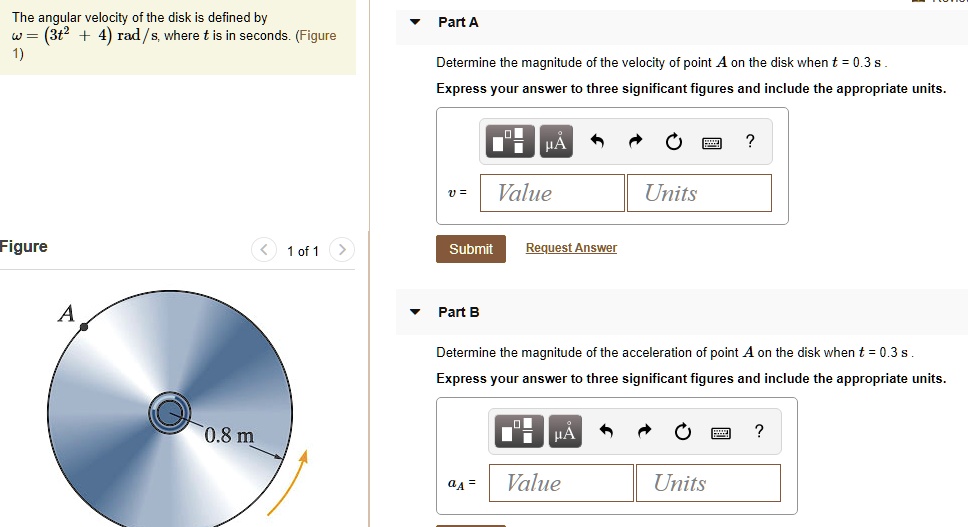 SOLVED: The angular velocity of the disk is defined by =(3t2+4) rad/s, where t is in seconds ...