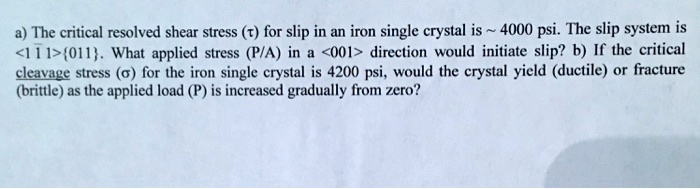 SOLVED: The critical resolved shear stress for slip in an iron single ...